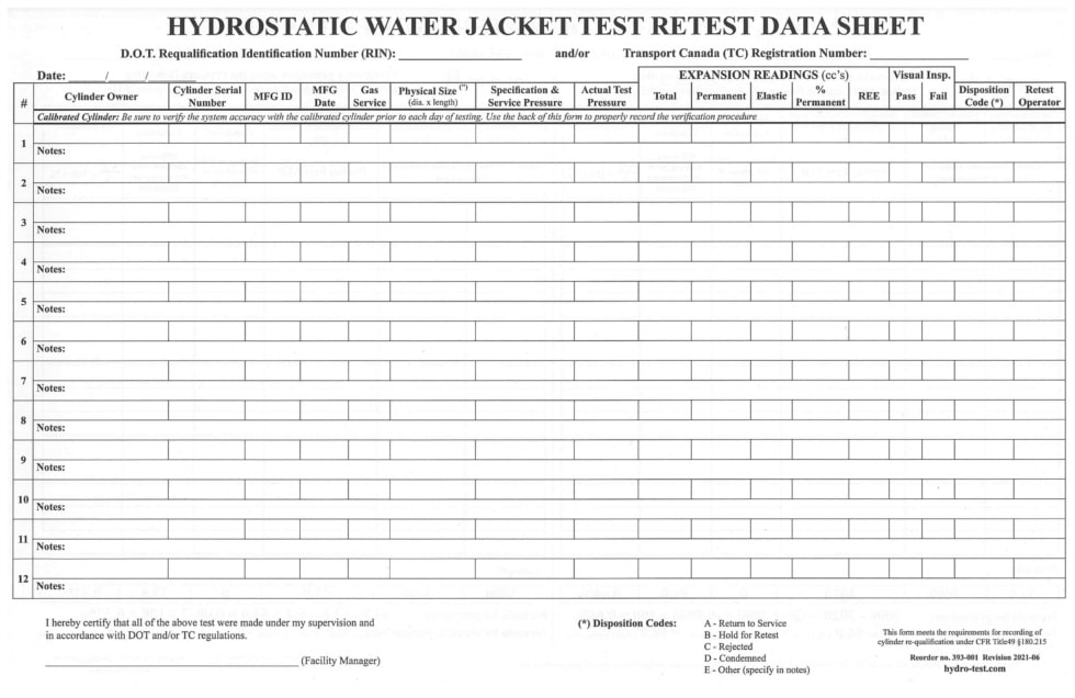#393-001: HYDROSTATIC - WATER JACKET TEST RECORD FORMS